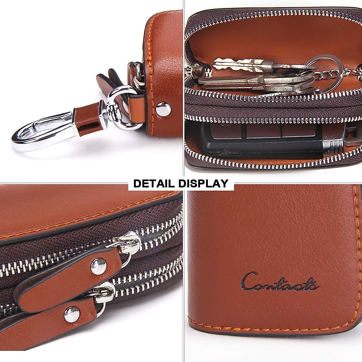 Contacts-Genuine Leather Car Key Keychain Holder Metal Hook and Keyring Zipper