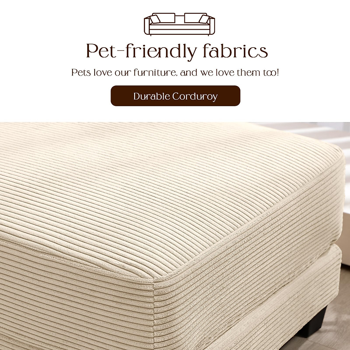 Bumblr Corduroy Ottoman for Modular Sectional Sofa, Modern Movable Ottoman Footrest for Living Room, Bedroom and Office, Beige