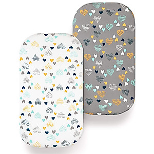 COSMOPLUS Bassinet Sheet Set 2 Pack Stretch Fitted Craddle Fitted Sheets for Bassinet Pads/Mattress, for Boys Girls,Unisex,Ultra Soft,Heart Pattern