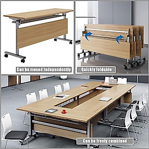 Foldable Conference Table, Meeting Tables Set of 3 Modern Wooden Office Folding Flip Top Mobile Training Table with Silent Wheels,Rounded Corner for Office,Meeting Room,Classroom (180 * 60 * 75)