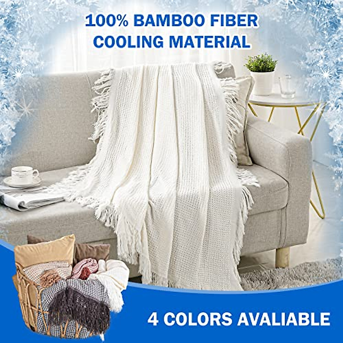 SE SOFTEXLY Cooling Blanket for Hot Sleepers, 100% Bamboo Blanket for Summer, Breathable Lightweight Summer Waffle Throw Blanket for Bed Couch Sofa(White, 47"×60")