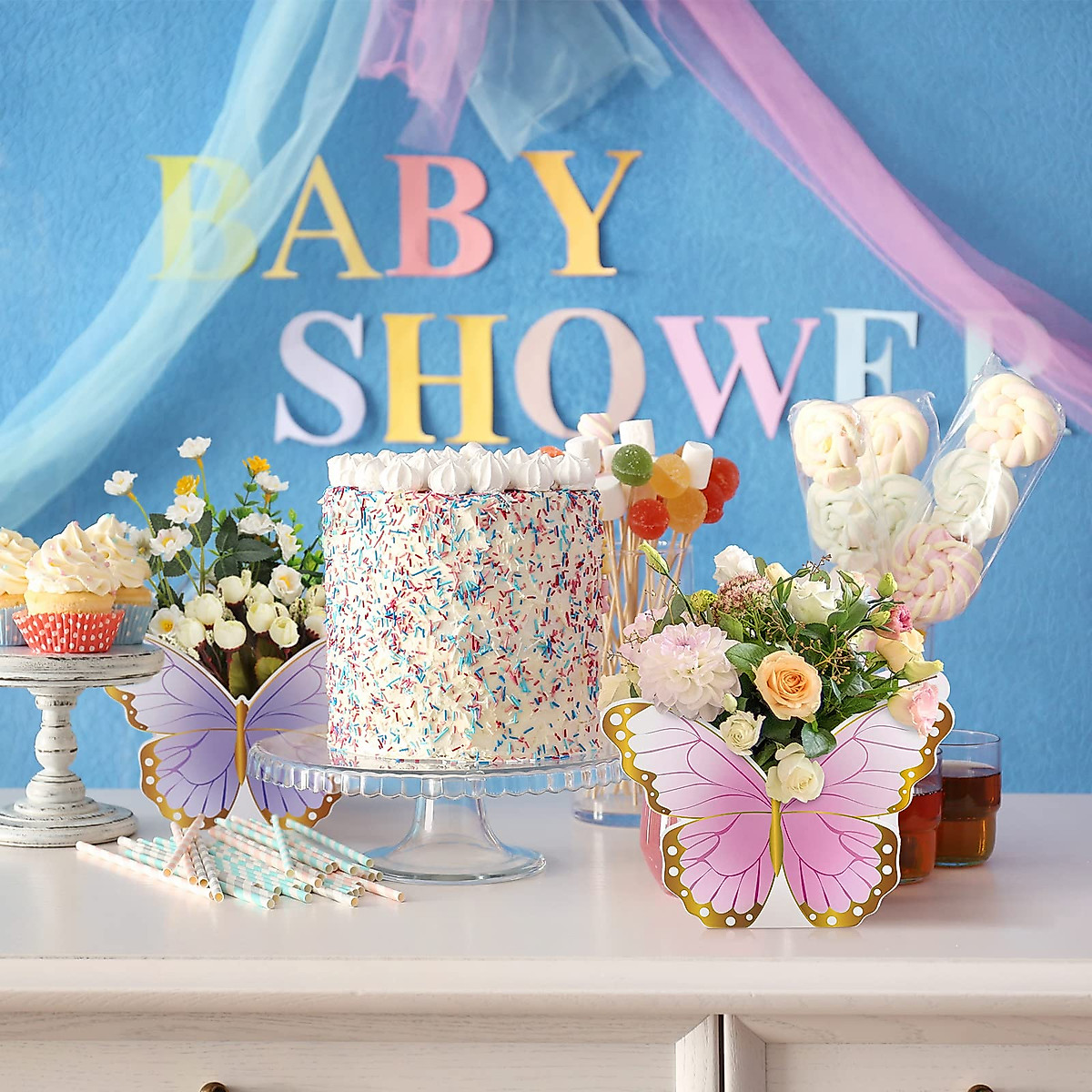 Fuutreo 6 Pcs Butterfly Centerpieces for Baby Shower Birthday Tea Party Favors Décor, Butterfly Decorations for Tables, Butterfly Themed Party Supplies Wedding