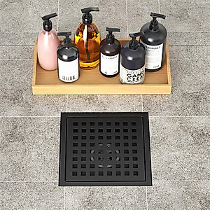 Bmvlffs Square Shower Floor Drain, Bmvlffs 6 Inch Matte Black, Brushed SUS 304 Stainless Steel with Removable Quadrato Patten Grate, Flange Includes Hair Strainer