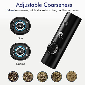 Electric Salt and Pepper Grinder Set Battery Powered with Light, Automatic One Hand Operation Pepper Mill with 5 Levels Adjustable Coarseness