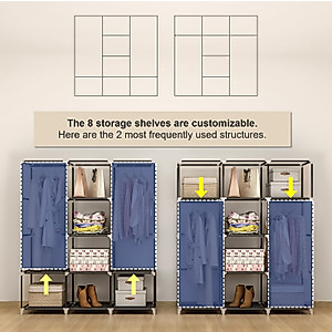 MOGELAFOO 51 Inch Portable Closet Wardrobe, Clothes Rack Storage Organizer with Non-Woven Fabric Cover, 2 Clothes Hanging Rods and 8 Storage Shelves, Grey