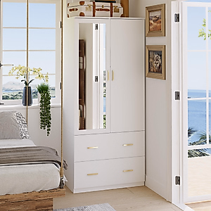 AIEGLE 2 Doors Wardrobe Armoire with Mirror, Freestanding Mirrored Armoire Wardrobe Closet with 2 Drawers, Shelves & Hanging Rod, Bedroom Wooden Clothes Organizer, White (31.5" W x 18.9" D x 72" H)