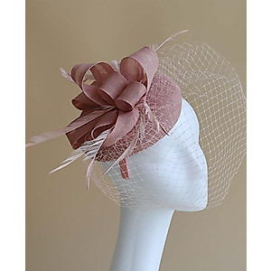 Focupaja Fascinators Hats Women Pillbox Hat with Mesh Veil Feathers Derby Headband Wedding Headwear Tea Party Hair Clip 20s 50s Top Hat W4-38-Pink