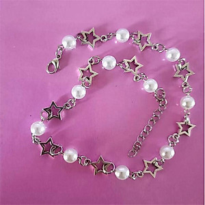 Fuqimanman2020 Y2k Bracelet Necklace for Women Girls Star Imitation Pearl Bead Y2k Jewelry Silver Chain Charm Aesthetic Grunge Gift-set