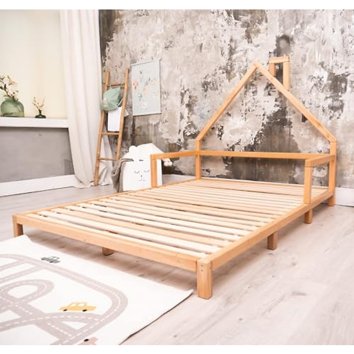 BUSYWOOD Toddler Bed - Alder Wood Bed for Kids - Montessori Twin Bed - Montessori Bed - House Bed Frame - Montessori Full Size Bed Frame (Model 3, Legs&Slats, Natural Wood)