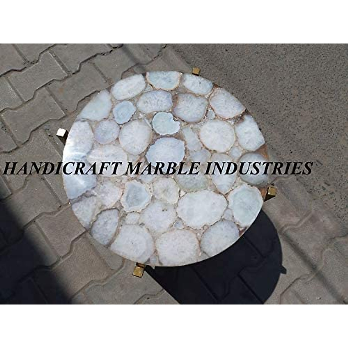 White Agate Round Table With Stand, Agate Stone Table With Stand, Round White Agate Side Table 15" Inch