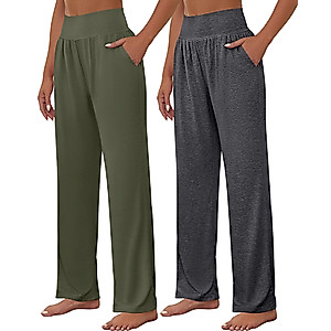 Neer 2 Pcs Women's Wide Leg Yoga Sweatpants High Waist Lounge Pants Loose Workout Pant Casual Athletic Pant with Pockets (Army Green, Gray,Medium)