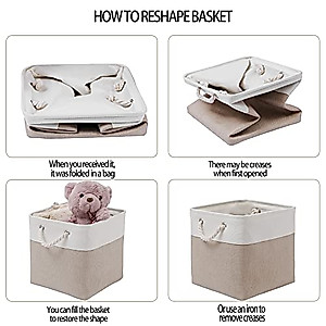 MidmmVick 11 x 11 Inch Cube Storage Bins, 6 Pack Large Collapsible Fabric Storage Bin with Ropes, Foldable Storage Cubes for Home, Office,Closet, Clothes, Toys Organizer (White & Beige-11"x11"x11")