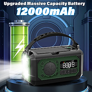 12000mAh Emergency Weather Radio, Hand Crank Radio Solar Radio Portable AM/FM/NOAA Radio with 2 Solar Panels 3 Charging Methods SOS Alarm 3 Mode Flashlight Phone Charger Compass Reading Lamp(Green)