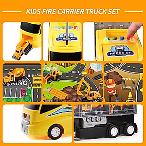 Construction Truck Toys Kids with Game Mat, Carrier Truck Alloy Engineering Vehicle Truck Toy Set, Excavator, Dump Tractor Helicopter Die cast Christmas Birthday Gifts for Kid Toddler Child Age 3 4 5