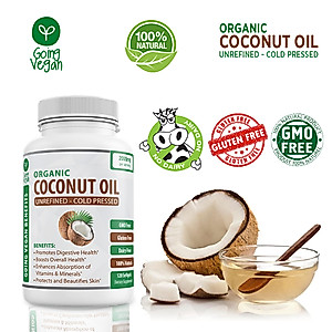 Organic Coconut Oil Capsules 2000mg - 100% Extra Virgin, Cold Pressed for Healthy Skin, Extra Hair Growth, Nail Care, Brain Booster - 120 Softgels - Unrefined Pure & Non GMO Pills - Rich in MCT
