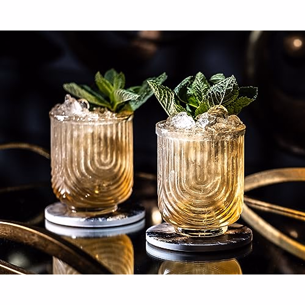 GLASSIQUE CADEAU Vintage Art Deco Lowball Gatsby Cocktail Glasses | Set of 4 | 13 oz Double Old Fashioned Tumblers for Drinking Classic Whiskey, Gin, Vodka Bar Drinks | Round Short Glassware