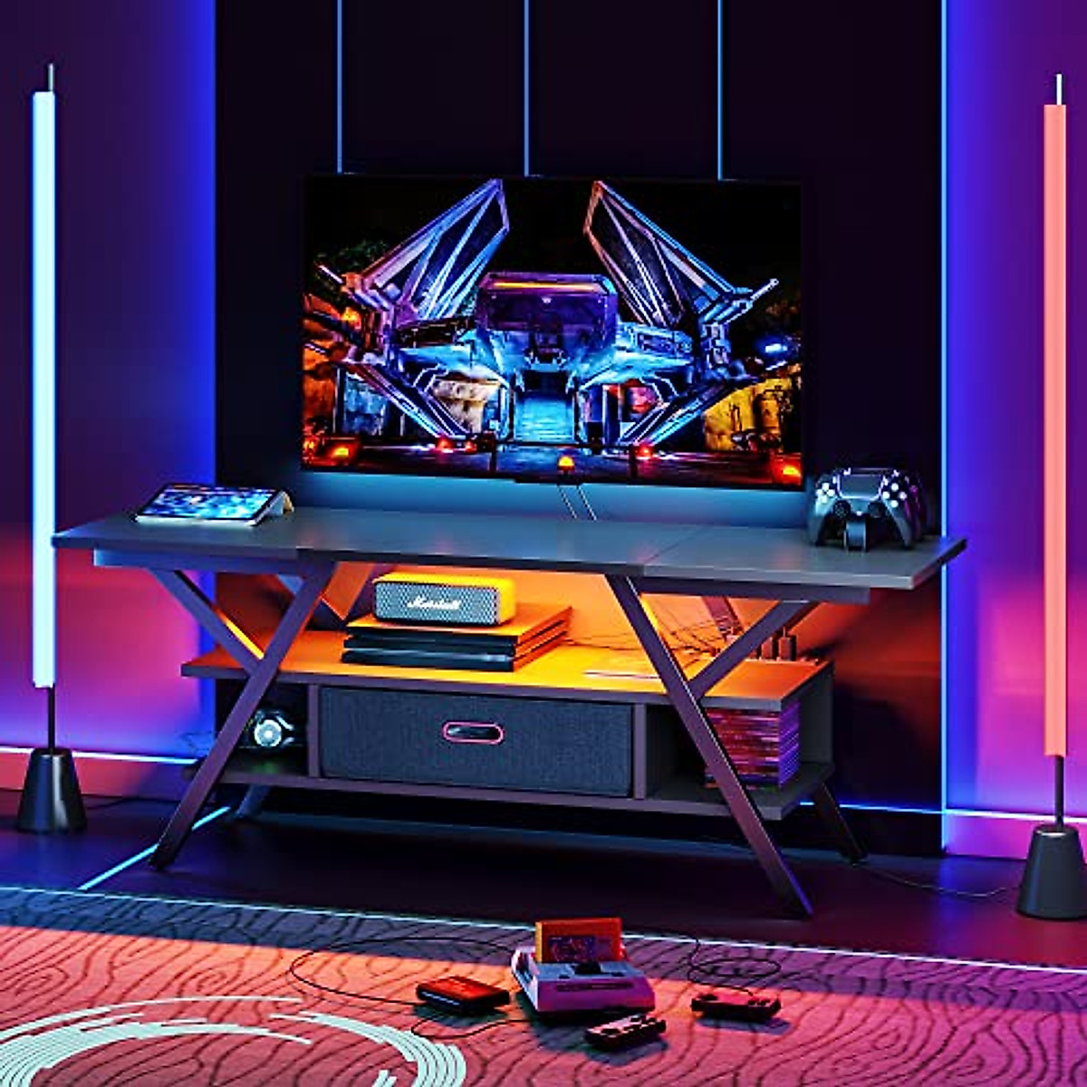 Bestier LED Entertainment Center with Power Outlets Gaming TV Stand for TV up to 65 Inch 55” TV Game Console for Living Room Bedroom Removable Drawer 20 Dynamic RGB Modes, Carbon Fiber Black