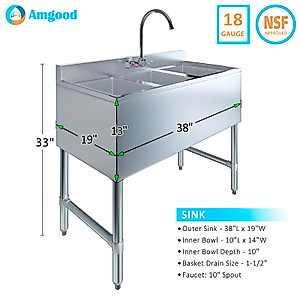 AmGood 3 Compartment Under Bar Sink With Faucet - 38" X 18 3/4". NSF. Commercial Three Bowl Under Bar Sink