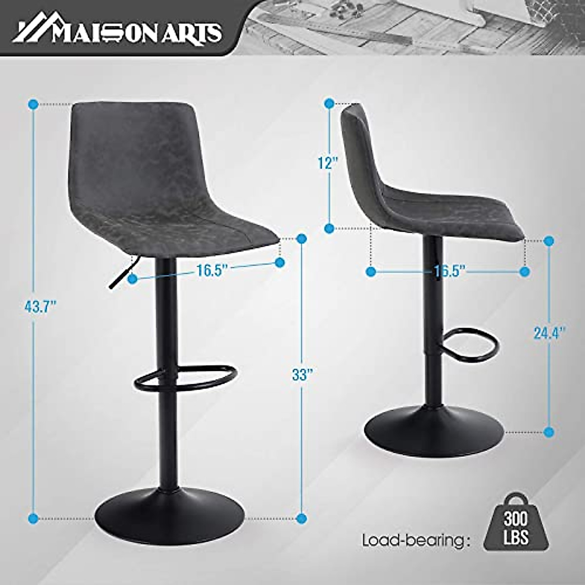 MAISON ARTS Swivel Bar Stools Set of 2 for Kitchen Counter Adjustable Counter Height Bar Chairs with Back Tall Barstools PU Leather Kitchen Island Stools, 300 LBS Bear Capacity, Grey
