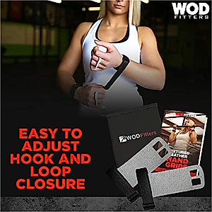 WODFitters Textured Leather Hand Grips for Cross Training, Kettlebells, Powerlifting, Chin Ups, Pull Ups, WODs & Gymnastics - with Grips Storage Pouch (Black, Small - Fits up to 4")