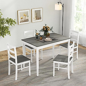 Tangkula Dining Table Set for 4, Farmhouse Solid Wood Dinette Set w/Rubber Wood Legs, Mid-Century Modern Dining Table and Chairs Set for Kitchen, Dining Room (Grey+White)