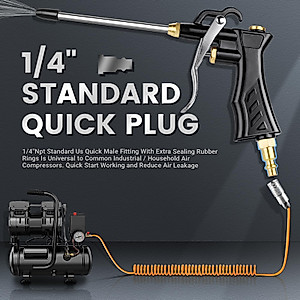 High Volume Air Blow Gun with Brass Adjustable Air Nozzle, Industrial Air Blower Gun with 2 pcs Steel Extensions and 13.7 Inch Universal Blow Hose, Pneumatic Air Gun Air Compressor Accessories Tool