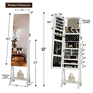 MASMIRE Standing Mirror With Jewelry Storage And Built-In Small Mirror - 63" H Lockable Full Length Mirror Jewelry Armoire, Mirror Jewelry Cabinet With 4 Drawers and Storage Shelf - White