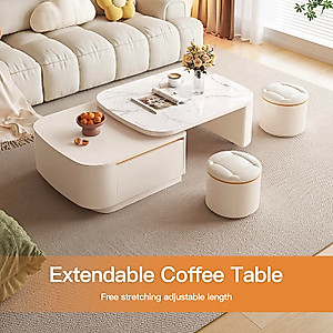 GraceNook Extended Oval Coffee Table with 2 Pu Leather Stools Set, Length Extend from 35"- 54", Nesting Coffee Table 3 Sets with Faux Marble Surface, Center Table with 2 Drawers for Living Room