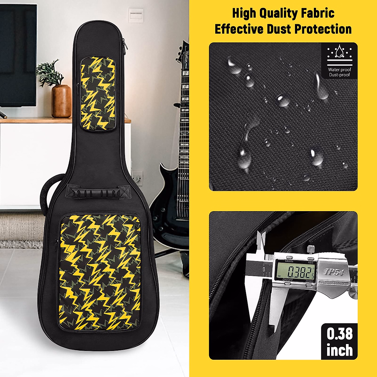LETSROCK 39 Inch Electric Guitar Bag Case 0.38 inch Thick Padding with Neck Strap Adjustable Shoulder Strap Waterproof Yellow Lightning Shape&Black Electric Guitar Gig Bag