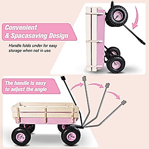 All Terrain Wagons for Kids Wagon with Removable Wooden Side Panels Garden Wagon Cart Heavy Duty with Steel Wagon Bed Folding Wagons for Kids/Pets Ideal Gift for Kids for Halloween Christmas, Pink