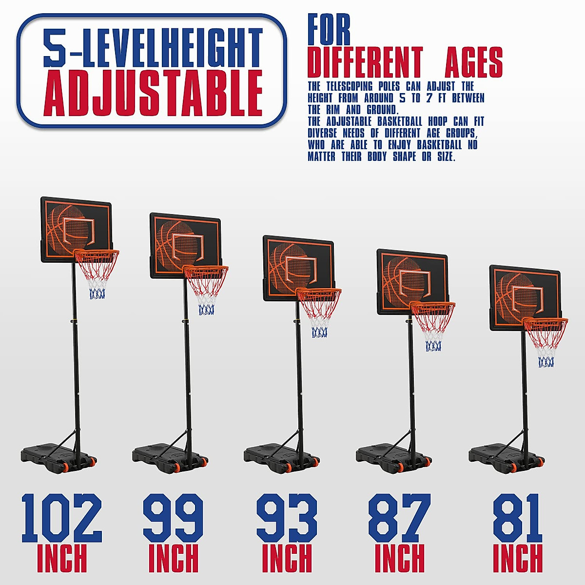 MoNiBloom Basketball Hoop Portable Height Adjustable Basketball Hoop Stand, 29" Backboard Basketball Goals Indoor Outdoor Garage, 5 to 7 Ft Adjustable Height Basketball Hoop for Youth Use, Black