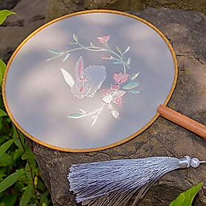 RAZZUM Decorative Folding Fans Handheld Fans Chinese Style Classical Embroidery Silk Round Palace Fan Female Long Handle Ancient Dance Fan for Wall Decoration Gift Hand Fan Fan