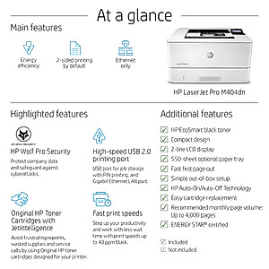 HP Laserjet Pro M404dn Wired Monochrome Laser Printer with Built-in Ethernet, White - Print only - 2-line LCD, 40 ppm, 1200 x 1200 dpi, Auto 2-Sided Printing, 8.5 x 14