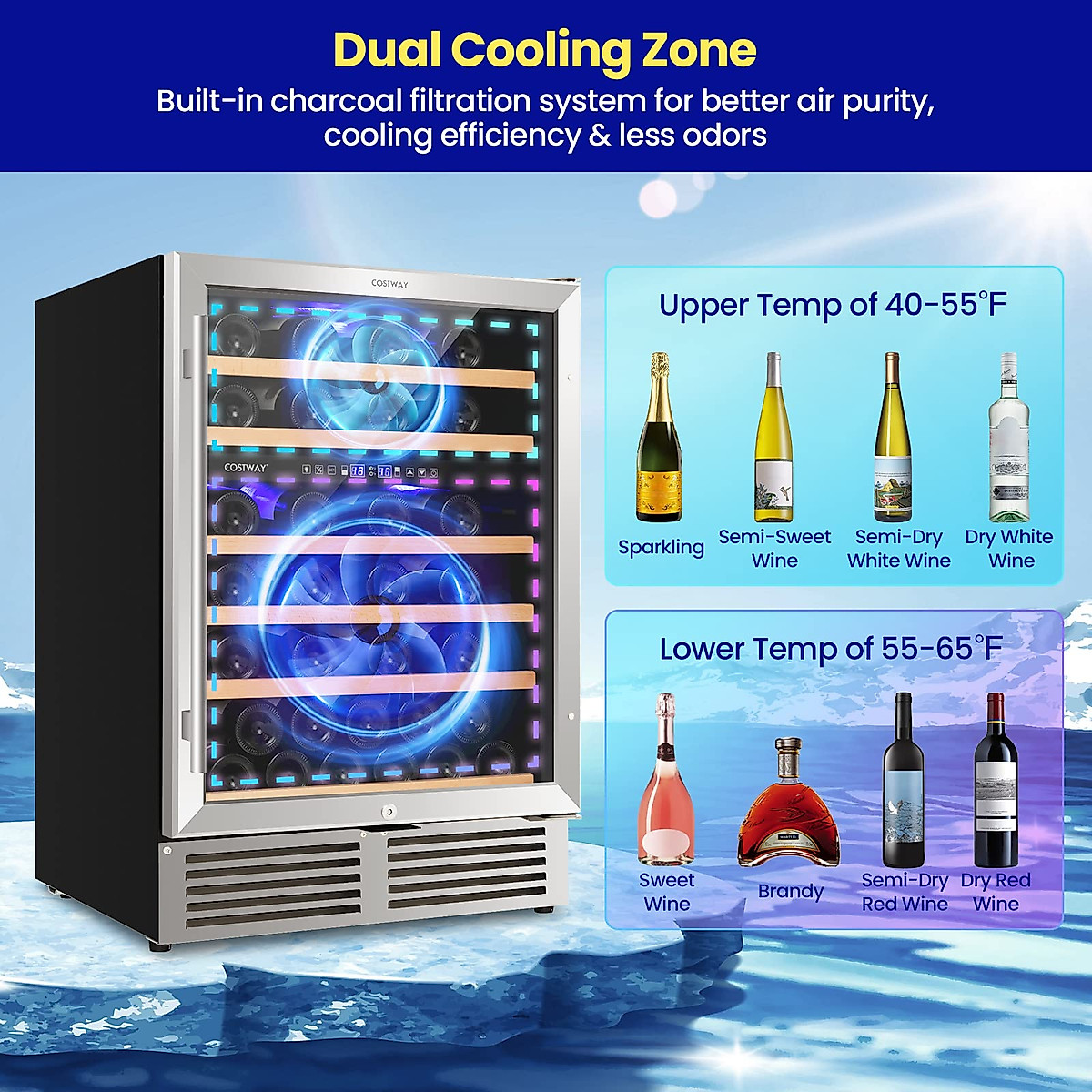 COSTWAY 24 Inch Wine Cooler, 51 Bottles Dual Zone Wine Refrigerator w/Stainless Steel Tempered Glass Door & Safety Lock, Built-in or Freestanding Mini Wine Fridge for Home Bar Office