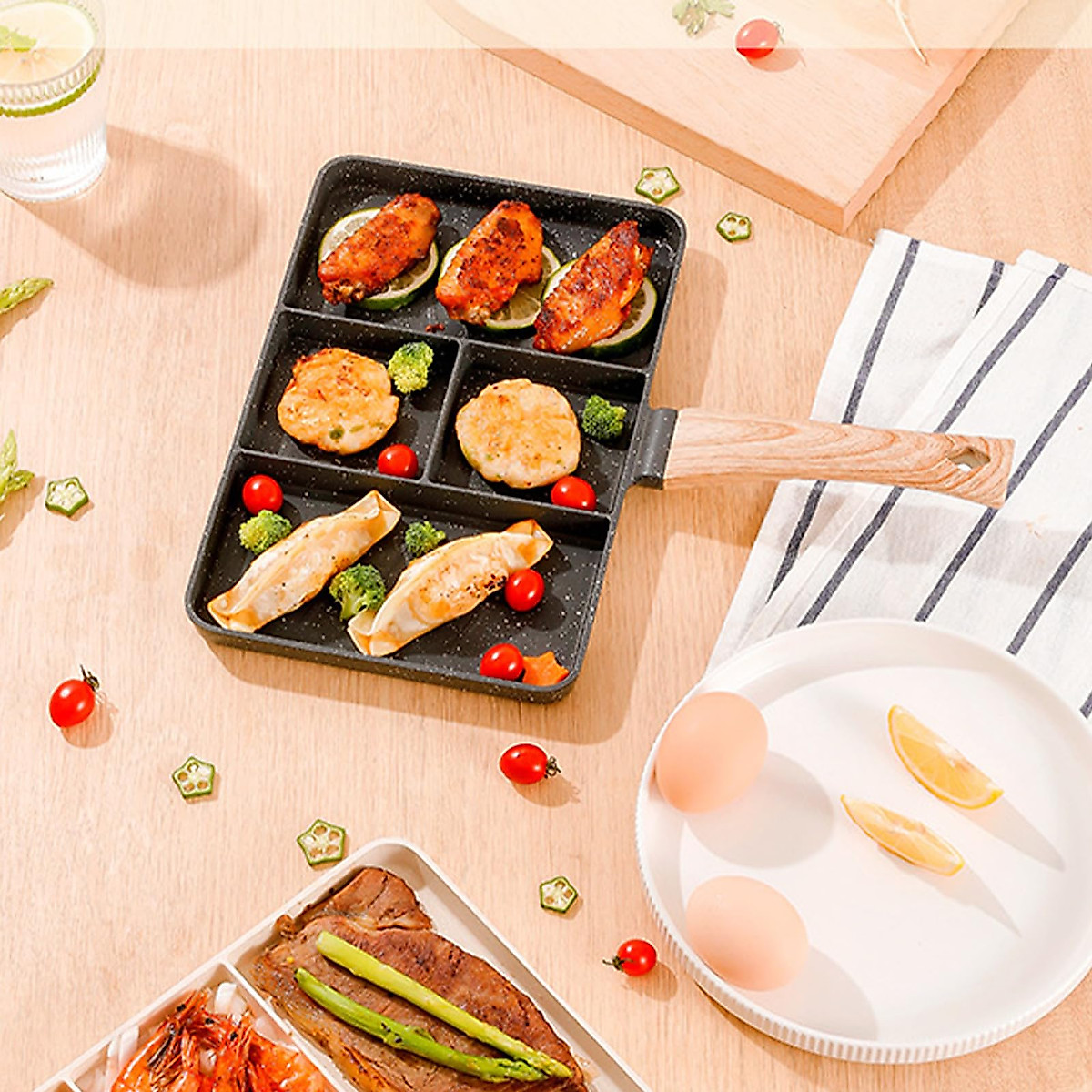 Divided Grill Pan, Aluminum Nonstick Divided Stove Top Grill Pan 4 Section Breakfast Pan with Divider for Indoor Cooking Divided Frying Pan Breakfast Grilling Pan for Frying Eggs Steak(Black)