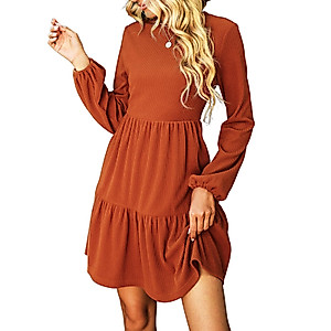CUPSHE Women's Knitted Dresses Casual Long Sleeve Crew Neck Flowy Tiered Burnt Orange
