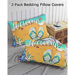 Edwiinsa Beach Pillow Covers Standard Size Set of 2 20x26 Bed Pillow, Summer Ocean Starfish Seashells Slippers Blue Sea Plush Soft Comfort for Hair/Skin Cooling Pillowcases with Envelop Closure