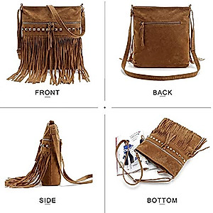 Goclothod Fringe Tassel Crossbody Bag Faux Suede Hobo Shoulder Bag Rivet Tote Purse