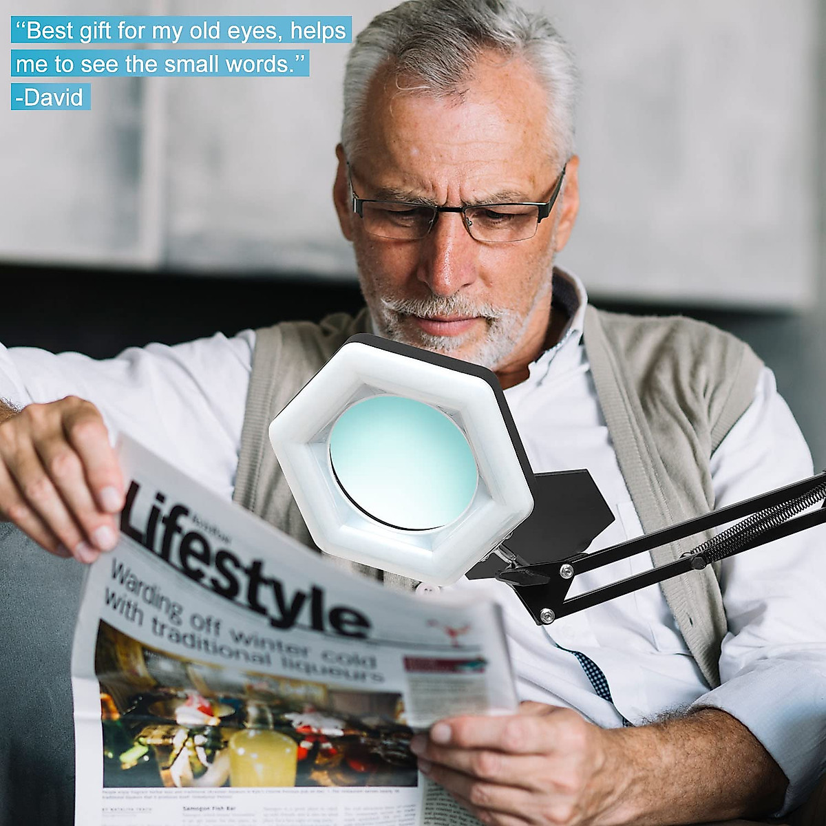 Psiven Magnifying Glass with Light and Stand, Dimmable LED Magnifier Desk Lamp with Clamp, 3 Color Modes, Hands Free Magnifying Lights for Close Work, Repair, Swing Arm Magnifying Work Light with Base