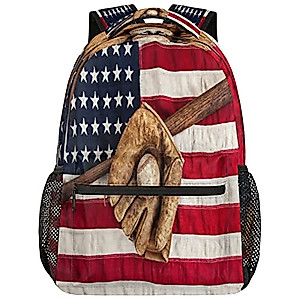 Vintage Baseball Bat Larger Backpack School Bookbag for Kids Boys Girl, American Flag Travel Laptop Backpacks Book Bag Hiking Camping Daypack