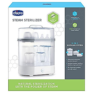 Chicco Baby Bottle Steam Sterilizer 3 in 1 modular system - eliminates 99.9% of harmful bacteria in baby bottles, quickly and naturally with the power of steam, White/Grey