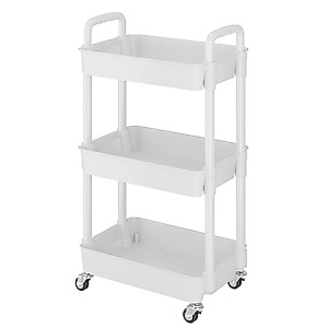 Buzowruil 3-Tier Utility Rolling Plastic Storage Cart Trolley with Lockable Wheels,Multifunctional Storage Shelves for Kitchen Living Room Office,White
