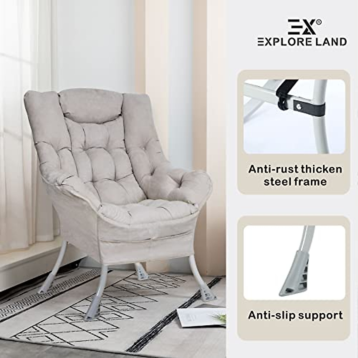 Explore Land Living Room Single High Back Lazy Chair Modern Upholstered Accent Chair (Golden Grey)