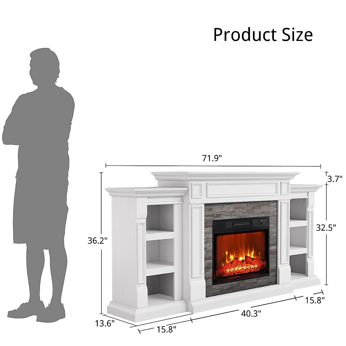Naice 70" Electric Fireplace with Mantel and Cabinets, Fireplace TV Stand for Living Room Bedroom, Stacked Stone Surround and Remote Control 3D Realistic Flame, White