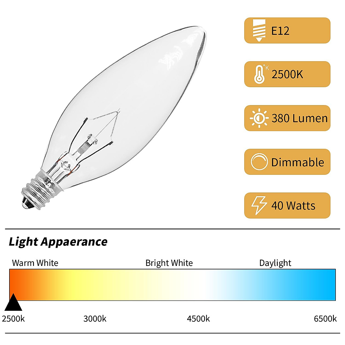 CYLYT 12-Pack E12 Candle Light Bulbs 40W Warm White 2500K, 380 Lumen Dimmable Chandelier Light Bulbs for Ceiling Fan, Pendants or Outdoor, B10 Clear Candelabra Base Bulbs