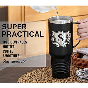 Personalized Coffee Mug with Initials, Monogrammed Travel Tumbler for Him, Custom Cups, Unique Birthday Christmas Gifts for Men Who Have Everything, 40 oz Insulated Travel Cup with Handle, A