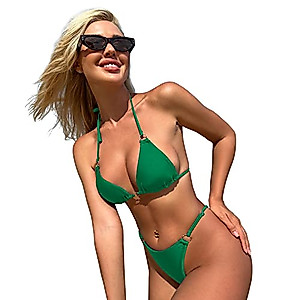MIKETAI Sexy Bikinis for Women 2 Piece Bikini Spaghetti Strap Swimsuits Solid Color Bathing Swimwear Triangle Bathing Suit (Green M)