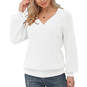 Feiersi Women's Off Shoulder Sweater Long Sleeve Loose Tops V-Neck Pullover Knit Jumper(White,Large)