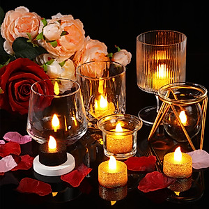 Mudder 48 Packs Valentine's Day Glitter LED Tealights Flameless Candles Battery Operated Votive Tea Lights with Warm Yellow Light for Wedding Centerpieces Table Anniversary Party(Gold, Black)