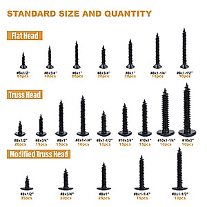 VIGRUE 420Pcs Black Screws Set #6#8#10 Phillips Black Wood Screws Assortment Kit, Sheet Metal Screws Self Tapping Screws (Flat Head,Round Head,Truss Head Screws)